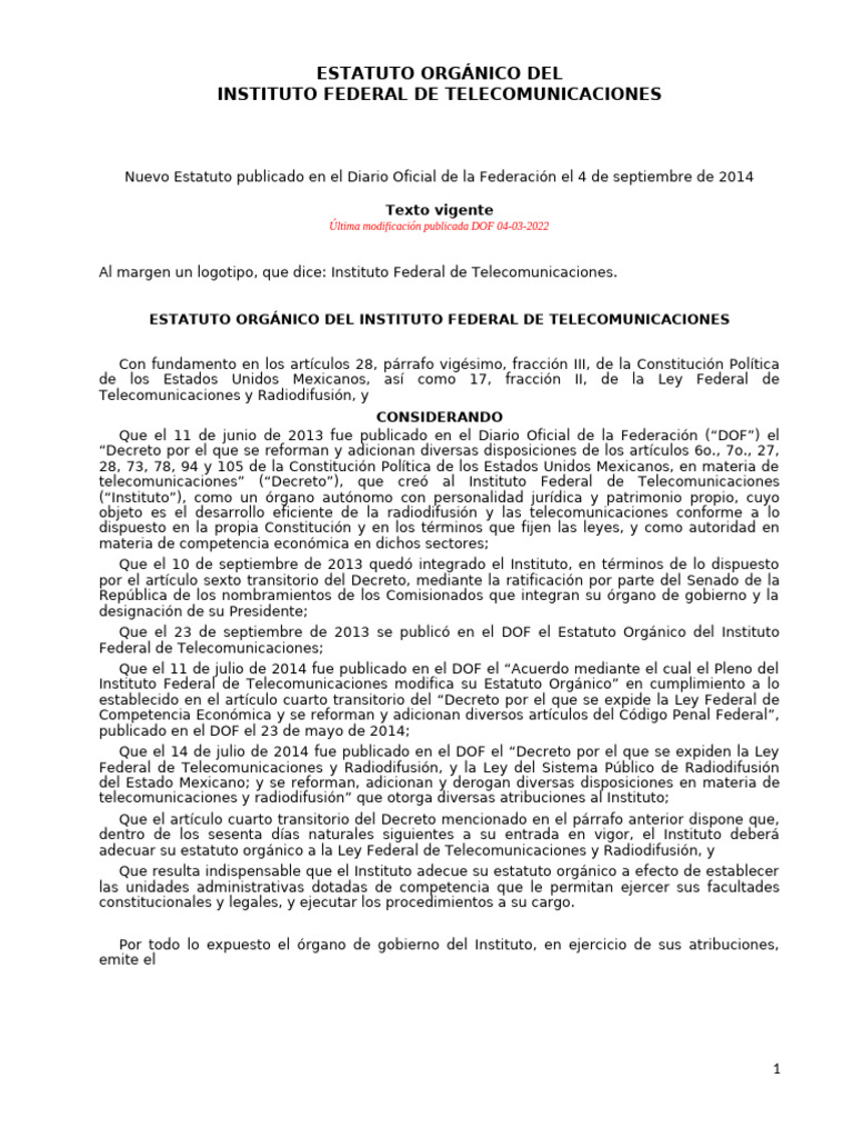 Estatuto Organico Ift Version Vigente 04-03-2022 Cc 1840 - Dof 18-03 ...