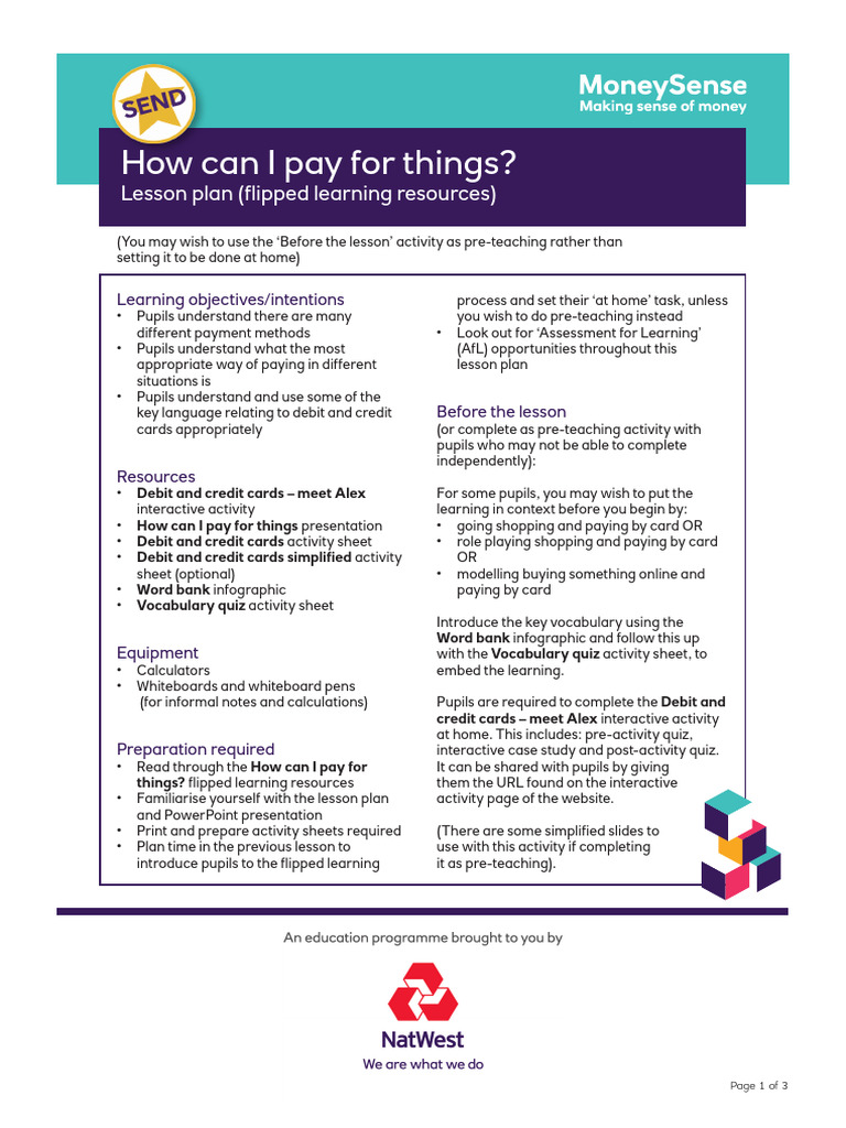 8 12 Topic 1 How Can I Pay For Things Flipped Learning Lesson Plan NW ...