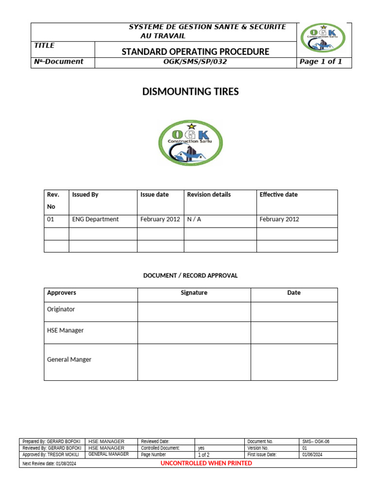 Ogk Sop 032 Dismounting Tires | PDF | Safety | Occupational Safety And ...