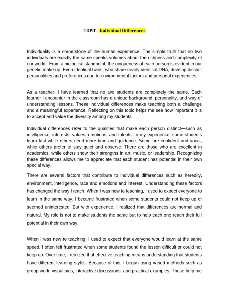 Individual Differences Reflection | PDF | Teachers | Learning