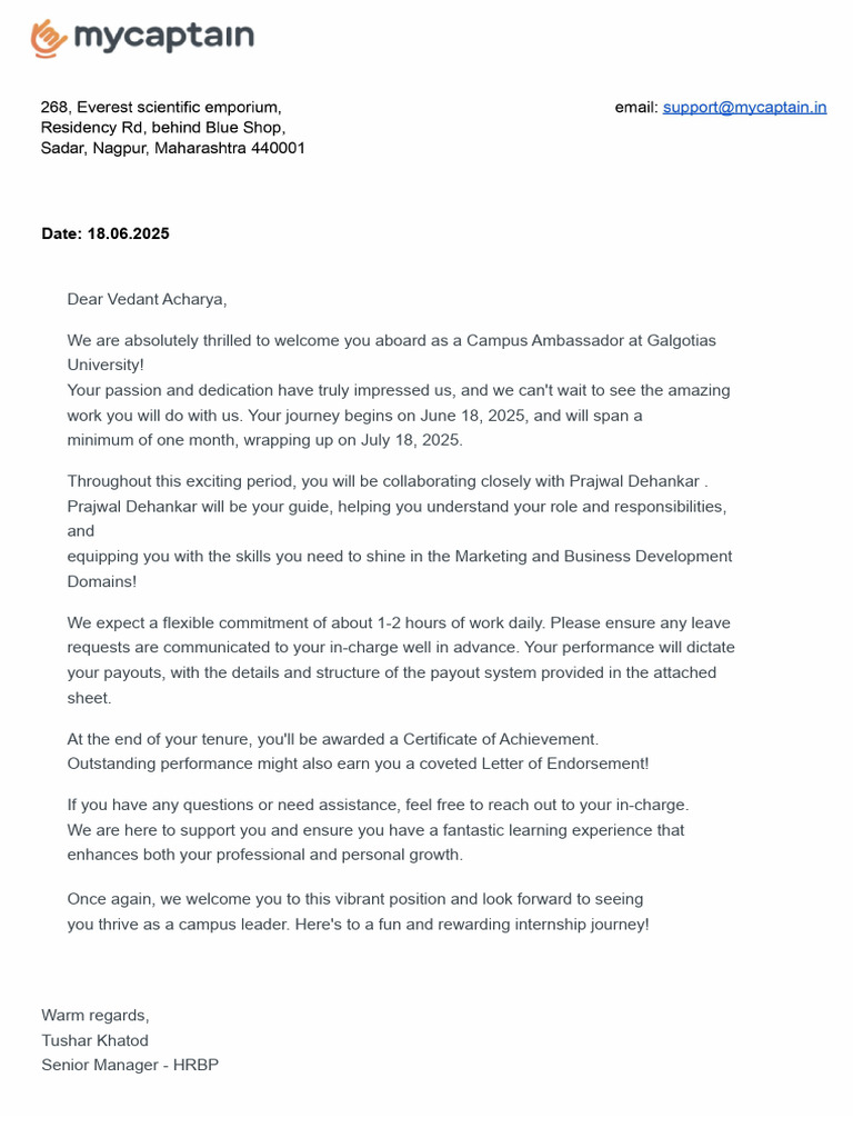 MyCaptain Ambassadorship Admission Certificate - Vedant Acharya | PDF