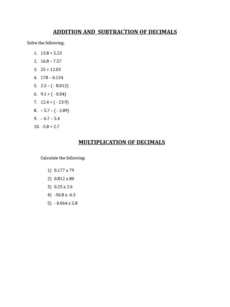 Addition and Subtraction of Decimals | PDF