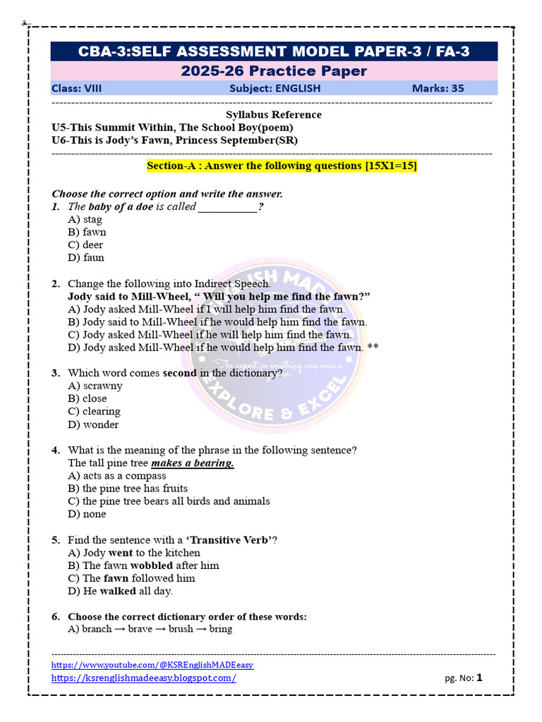 8th SAMP-3 (FA-3) English CBA Model Practice Paper 2025-26 | PDF ...