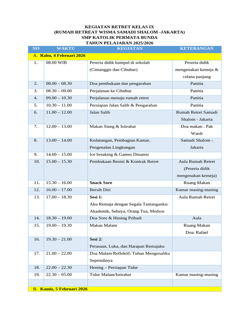 Jadwal Kegiatan Retret Kelas Ix Revisi | PDF