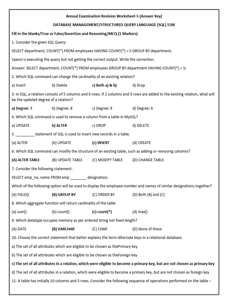 DBMS and SQL Worksheet-5 - Answer Key | PDF | Sql | Table (Database)