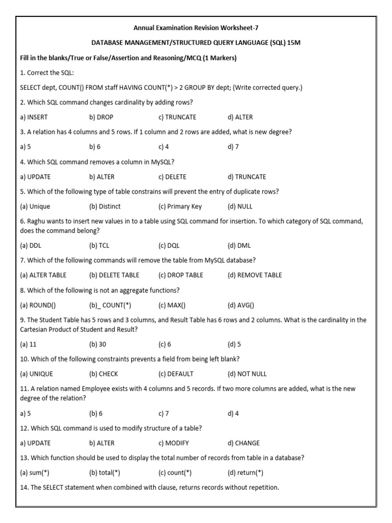 DBMS and SQL Worksheet-7 | PDF