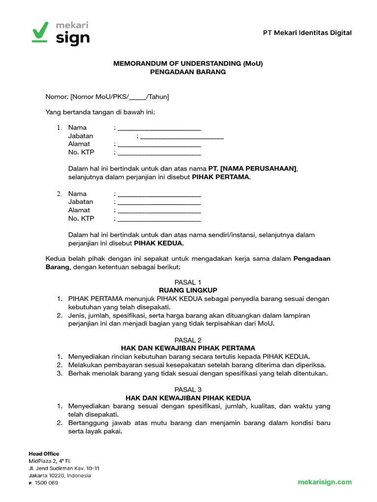 Contoh MoU Pengadaan Barang Mekari Sign | PDF