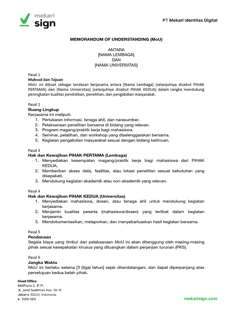 Contoh MoU Kerjasama Dengan Lembaga Pendidikan Mekari Sign | PDF