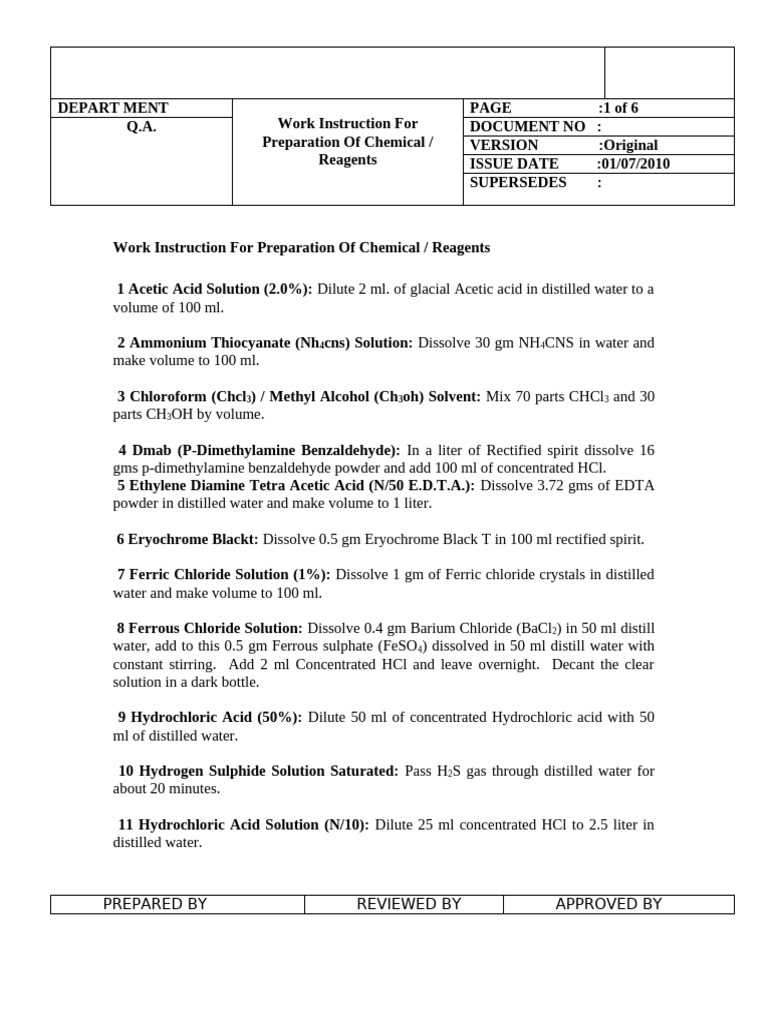 Work Instruction For Preparation of Chemical Reagents | PDF ...