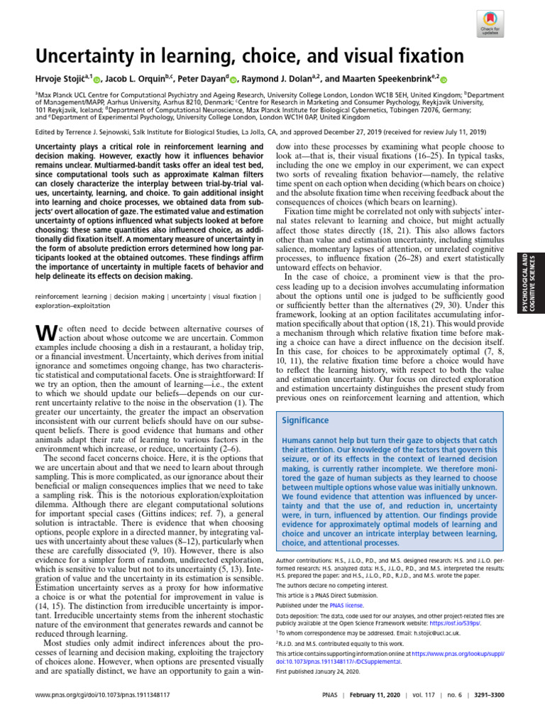 stojić - Uncertainty in learning, choice, and visual fixation | PDF ...