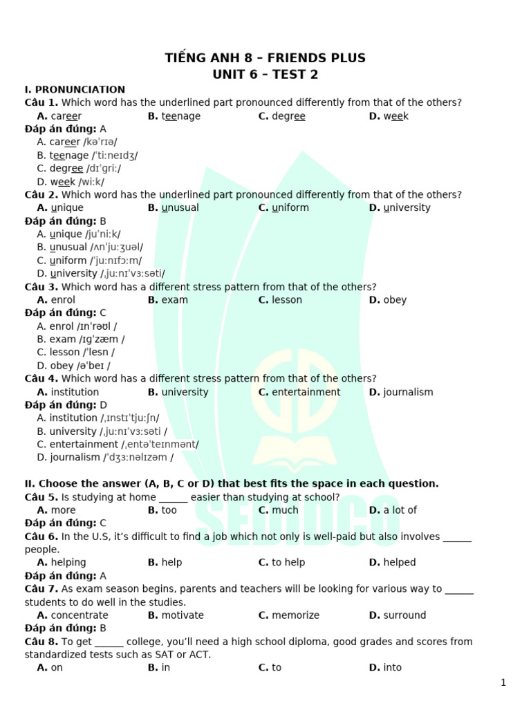 Tieng Anh 8 Friends Plus - Unit 6 - Test 2 (Key) | PDF