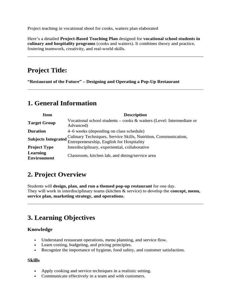 Project Teaching in Vocational Shool for Cooks | PDF | Teachers ...