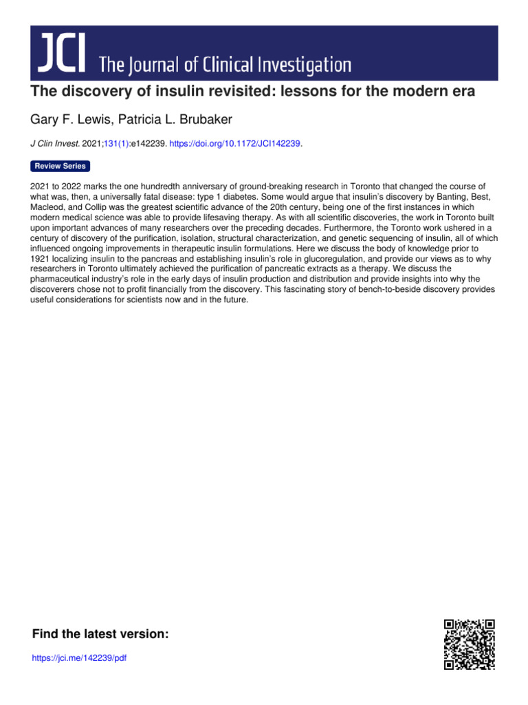 Insulin Discovery Jci 4th Jan 2021 | PDF | Pancreas | Insulin