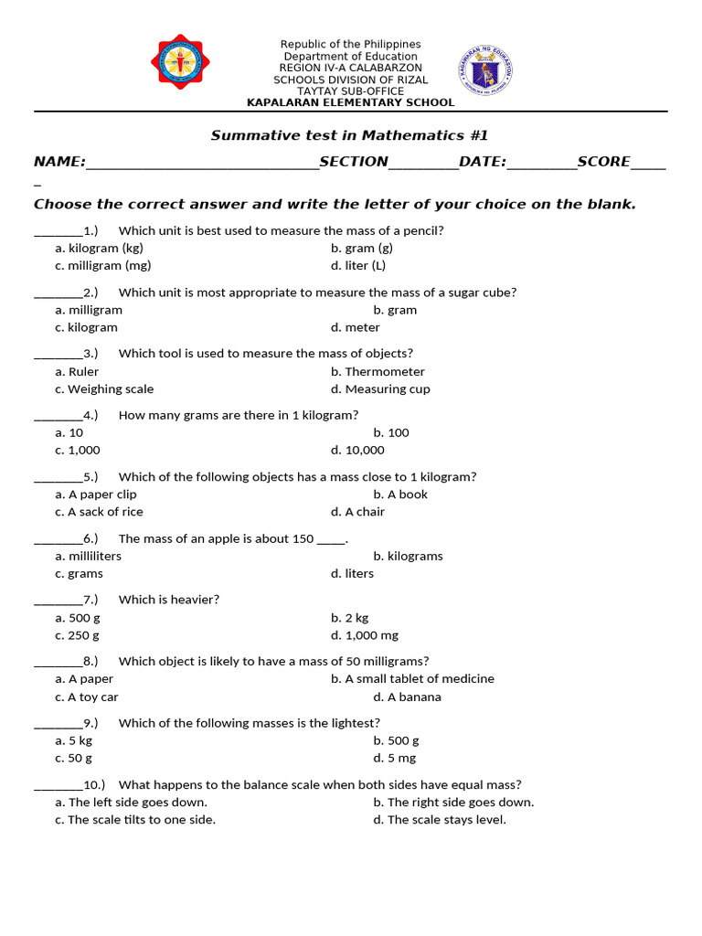 Summative Test Q2-2025 | PDF | Kilogram | Mass