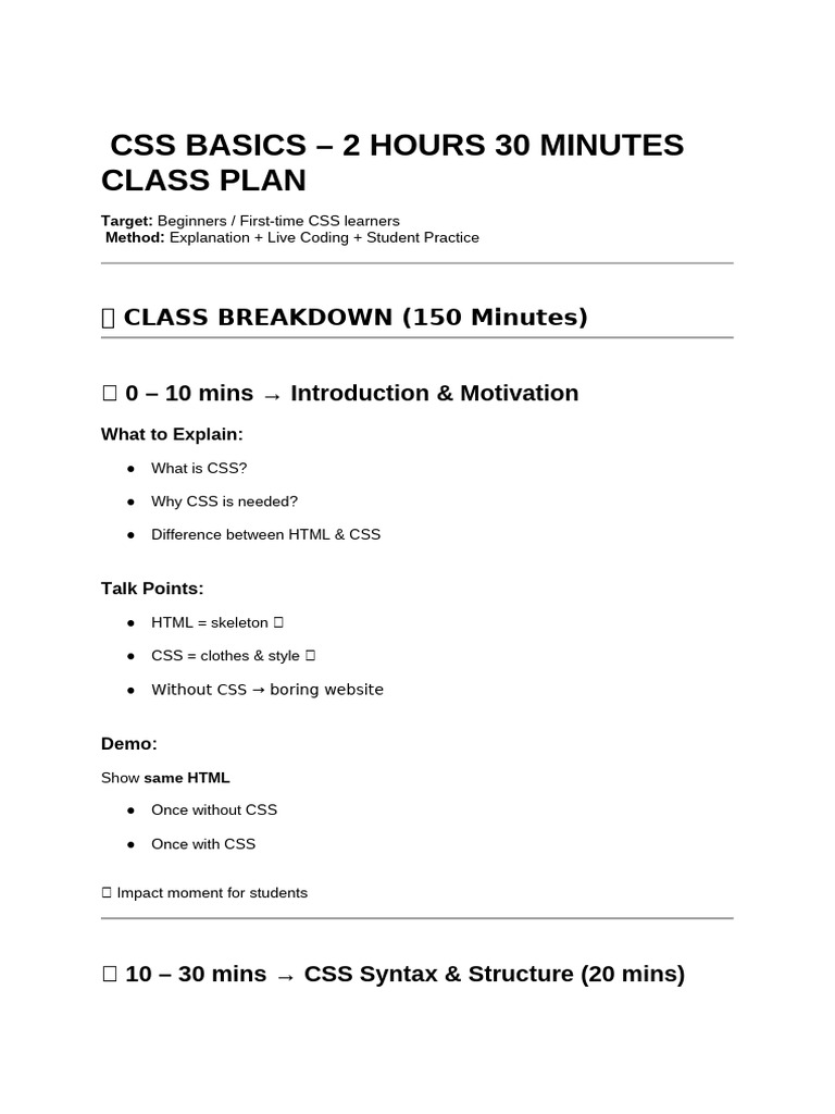 Css Basics – 2 Hours 30 Minutes Class Plan | PDF | Software Engineering ...