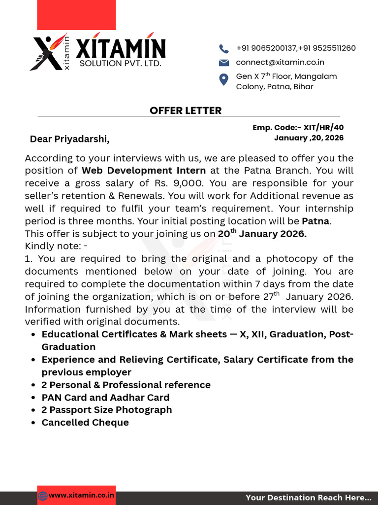 Priyadarshi Offer Letter | PDF
