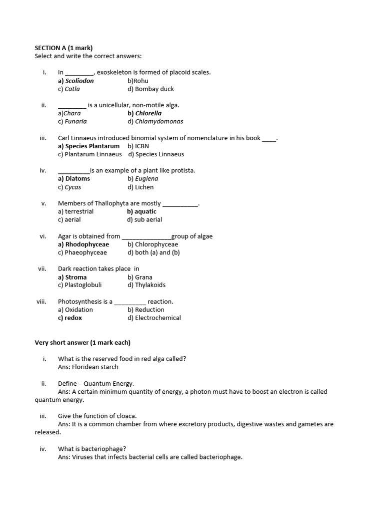 BIOLOGY (Unit - II Question Bank) | PDF | Algae | Chloroplast