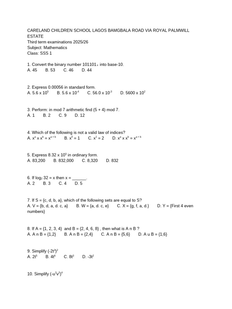 Mathematics Questions SSS1 - SSS 3 | PDF | Logarithm | Arithmetic
