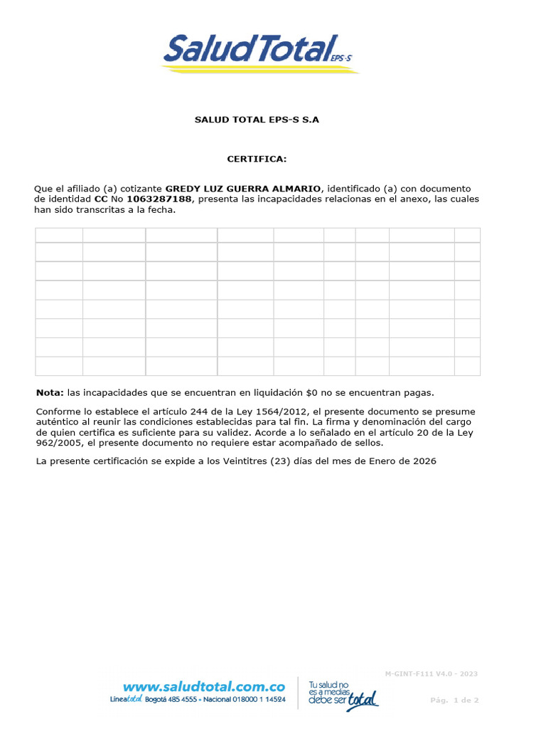 Salud Total Eps-S S.A: Nail Origen F. Expedición F. Inicio F. Fin Dias ...