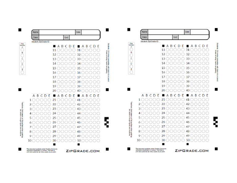 Zip Grade Answer Sheet 50 Item 1 | PDF