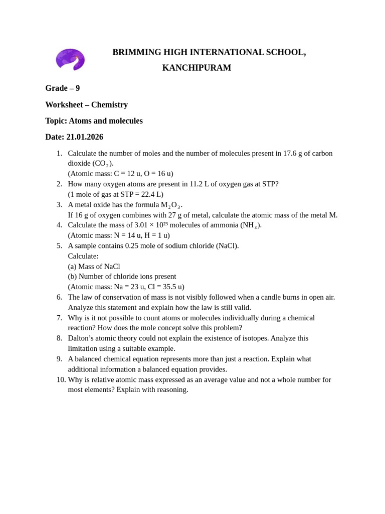 Grade 9 Worksheet 21.01.2026 | PDF
