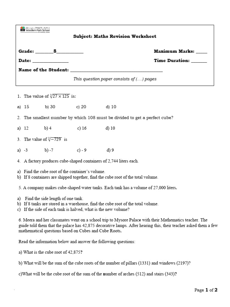 Cubes and Cube Roots Worksheet | PDF