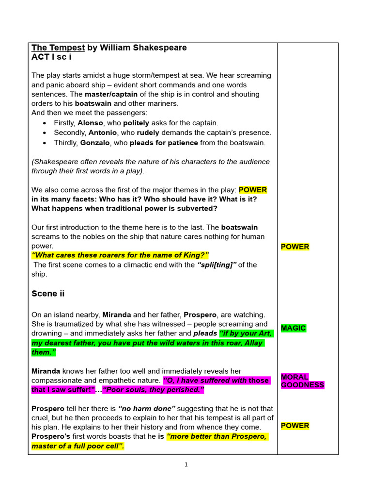 The Tempest by William Shakespeare NOTES by BR With QUOTES and Links to ...