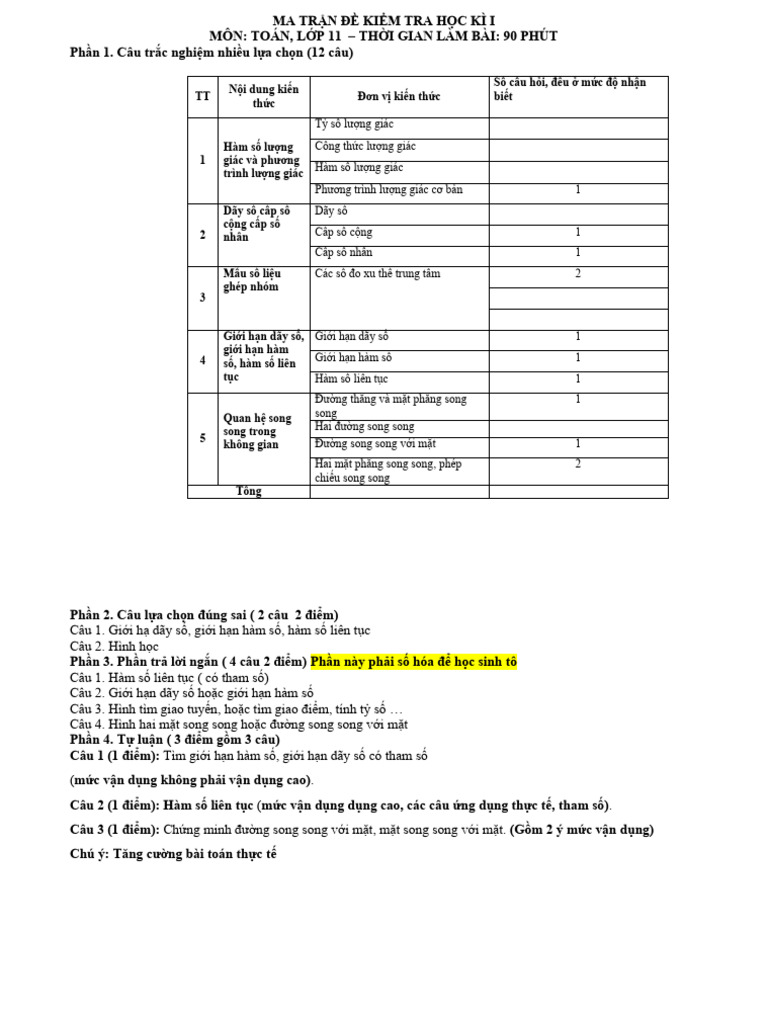 Ma Trận Đề Kiểm Tra Học Kì i Lớp 11 | PDF