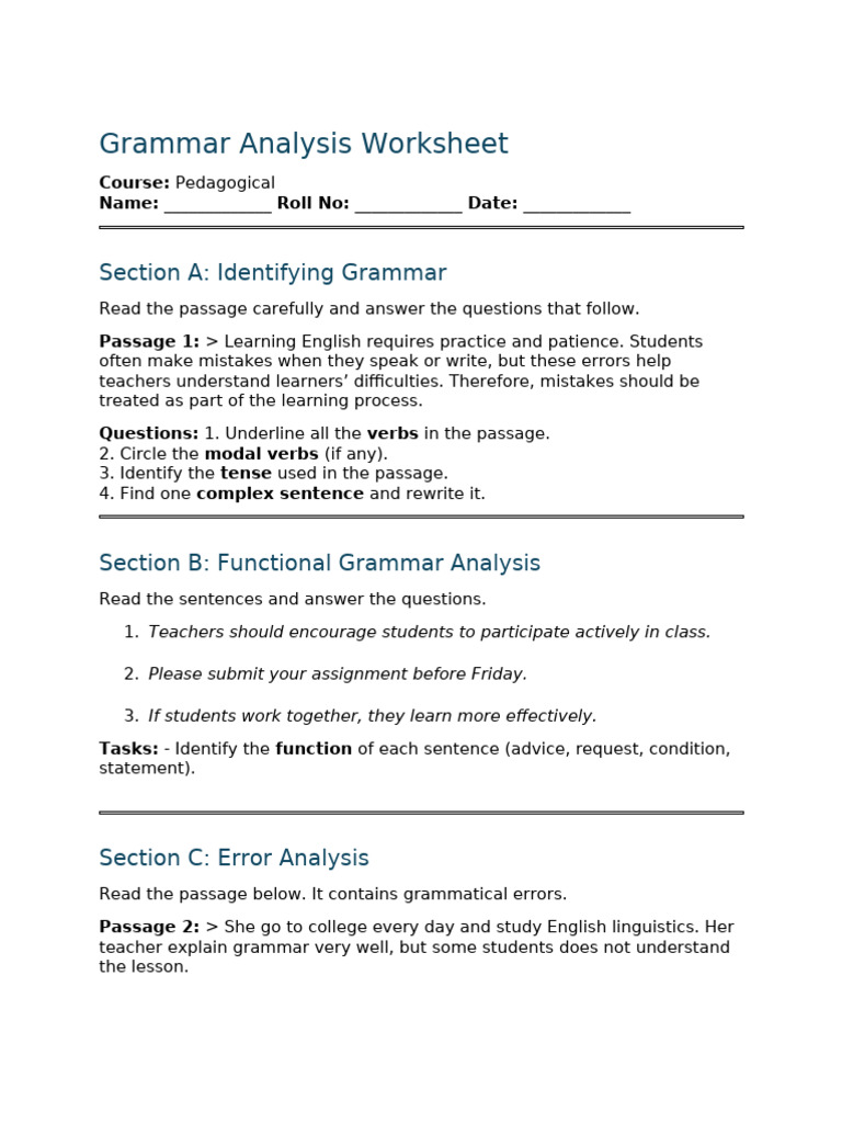 Grammar Analysis Worksheet | PDF