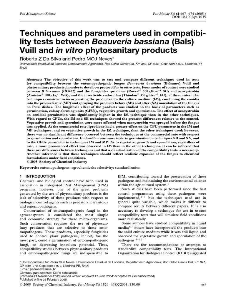 Techniques and Parameters Used in Compatibility Tests Between Beauveria ...