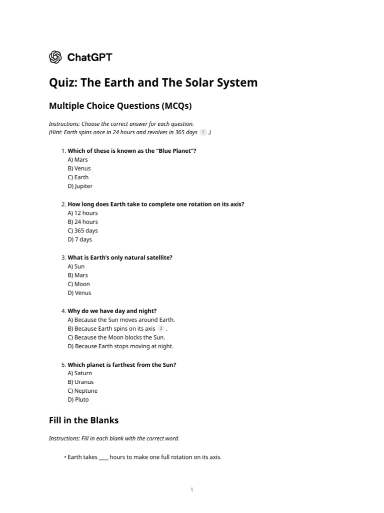 Quiz - The Earth and The Solar System | PDF | Planets | Earth