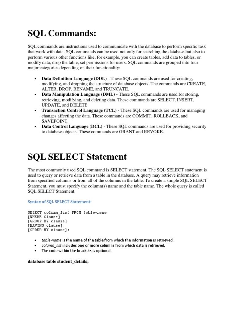 Sql Commands Pdf Database Index Relational Database