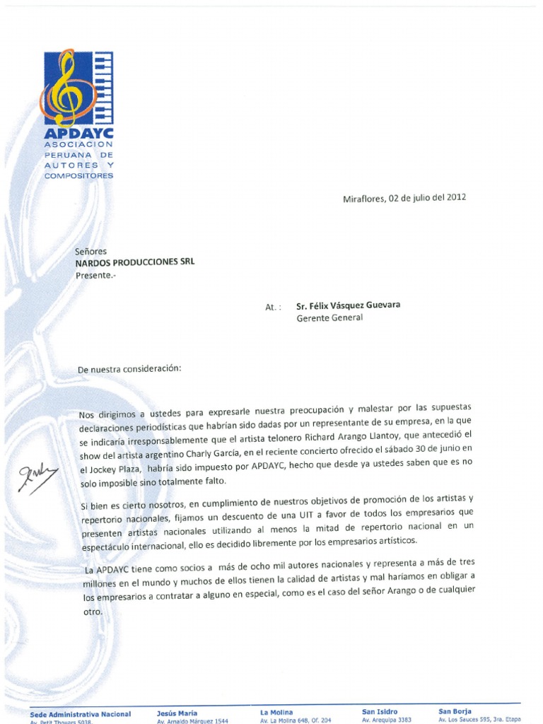 Carta Apdayc Caso Charly García | PDF
