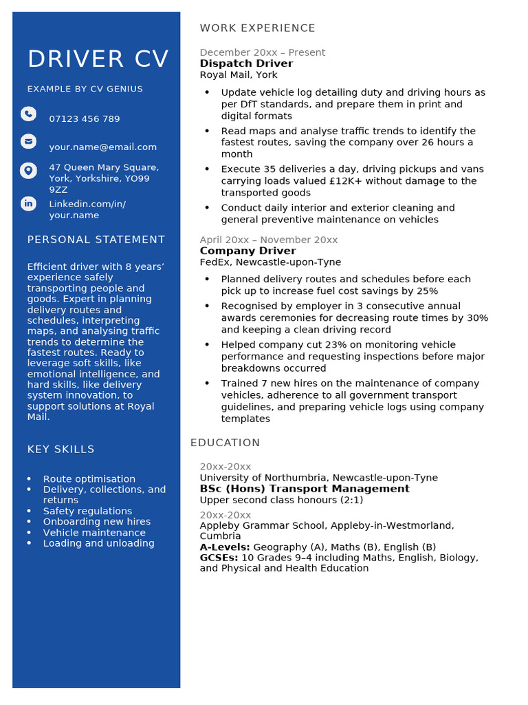 Driver CV Sample Free Download Inverness | PDF