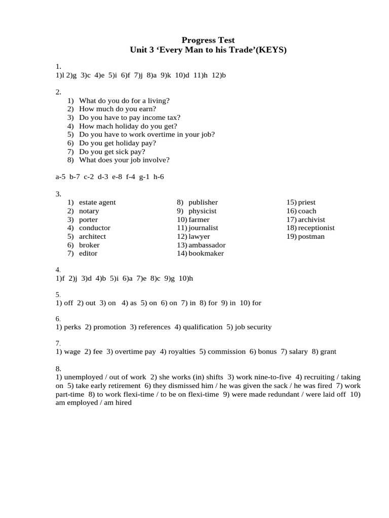 Progress Test Unit 3 Keys | PDF