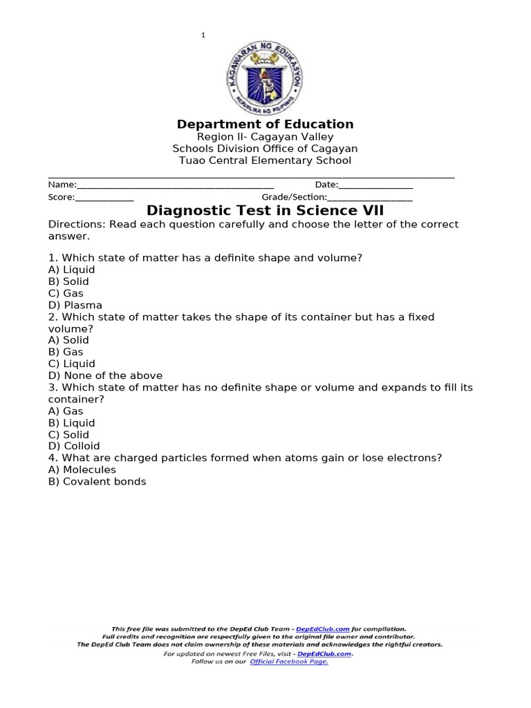 Grade 7 - Science Diagnostic Test | PDF | Dominance (Genetics) | Mixture