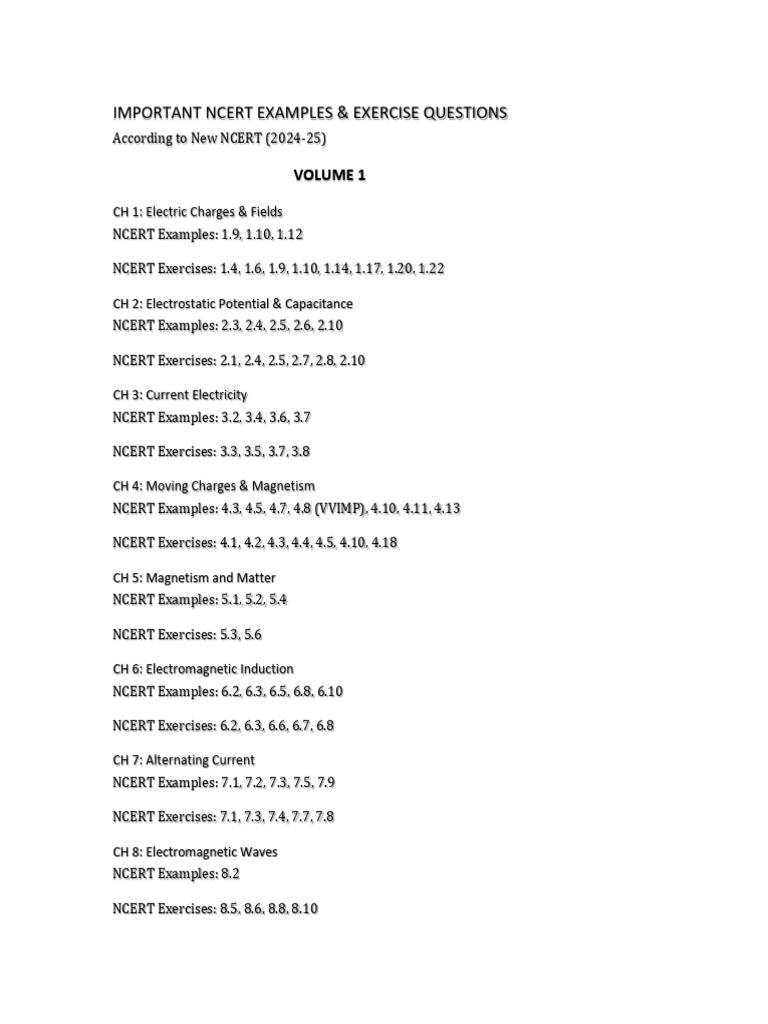 CLASS XII PHYSICS Imp NCERT Examples and Exercises Final | PDF