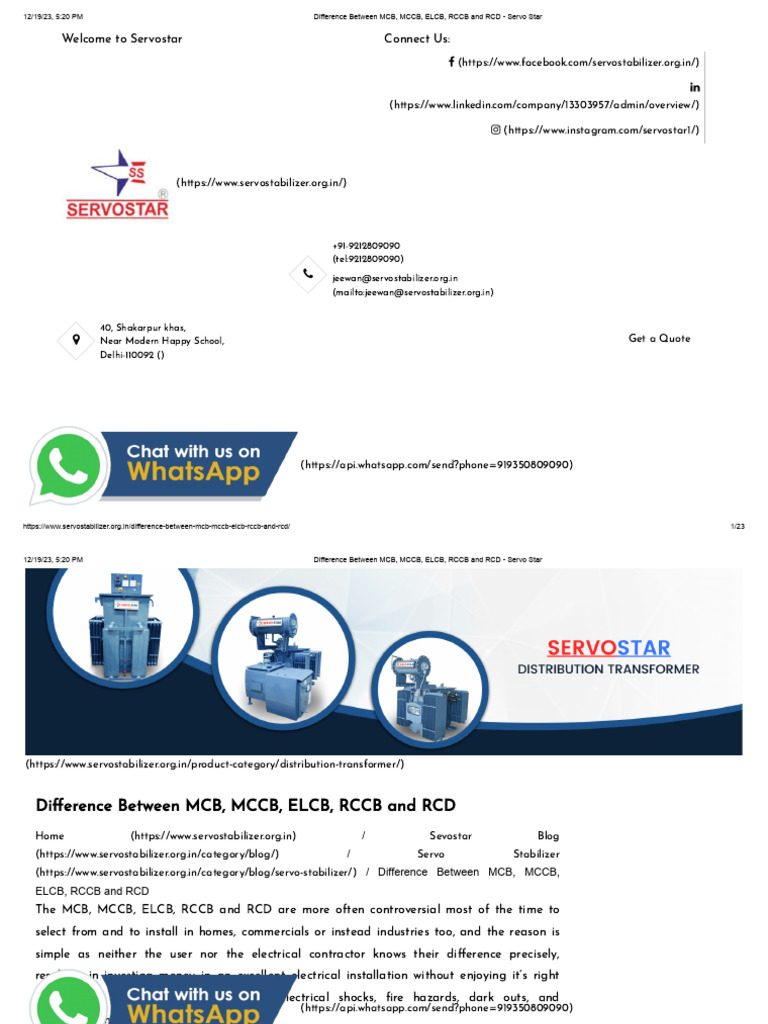 Difference Between MCB, MCCB, ELCB, RCCB and RCD - Servo Star | PDF ...