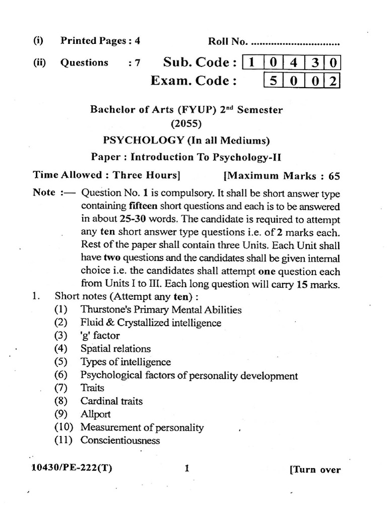 BA FYUP 2nd Sem Psychology Paper Introduction to Psychology II May 2025 ...