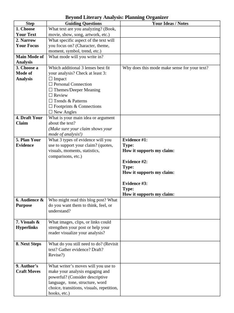 Beyond Lit Analysis Organizer | PDF