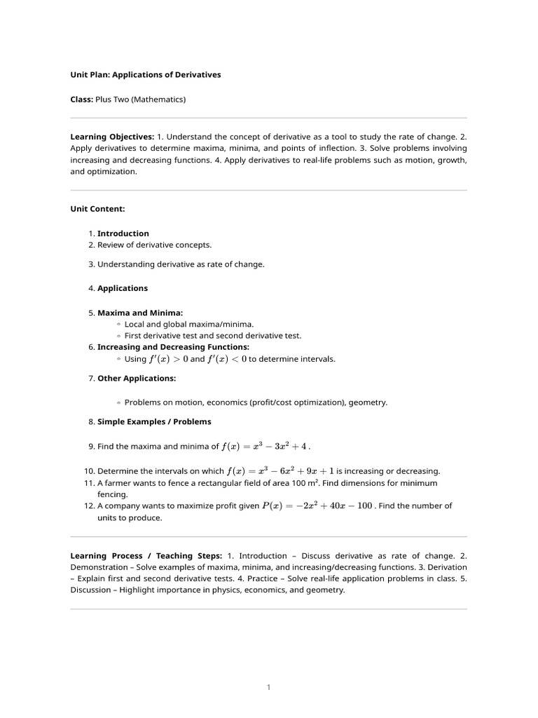 Applications Derivatives Unit Plan | PDF