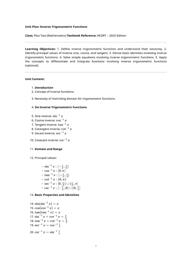 Inverse Trig Unit Plan | PDF | Trigonometric Functions | Function ...
