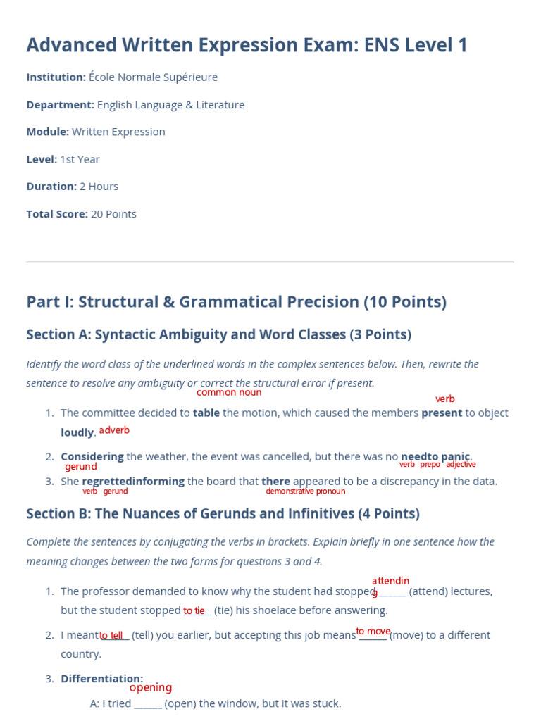 Advanced English Written Expression Exam - Types of Words and Grammar ...