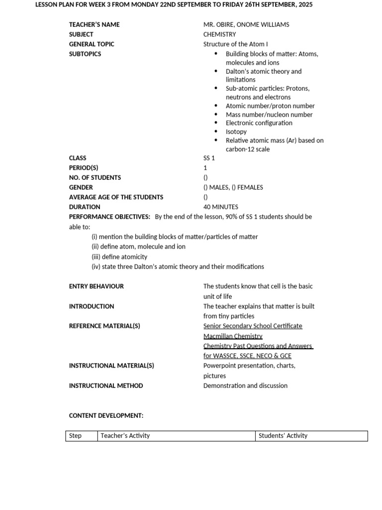 SS 1 CHEM LESSON PLAN FOR WK 3 | PDF | Atoms | Atomic Nucleus