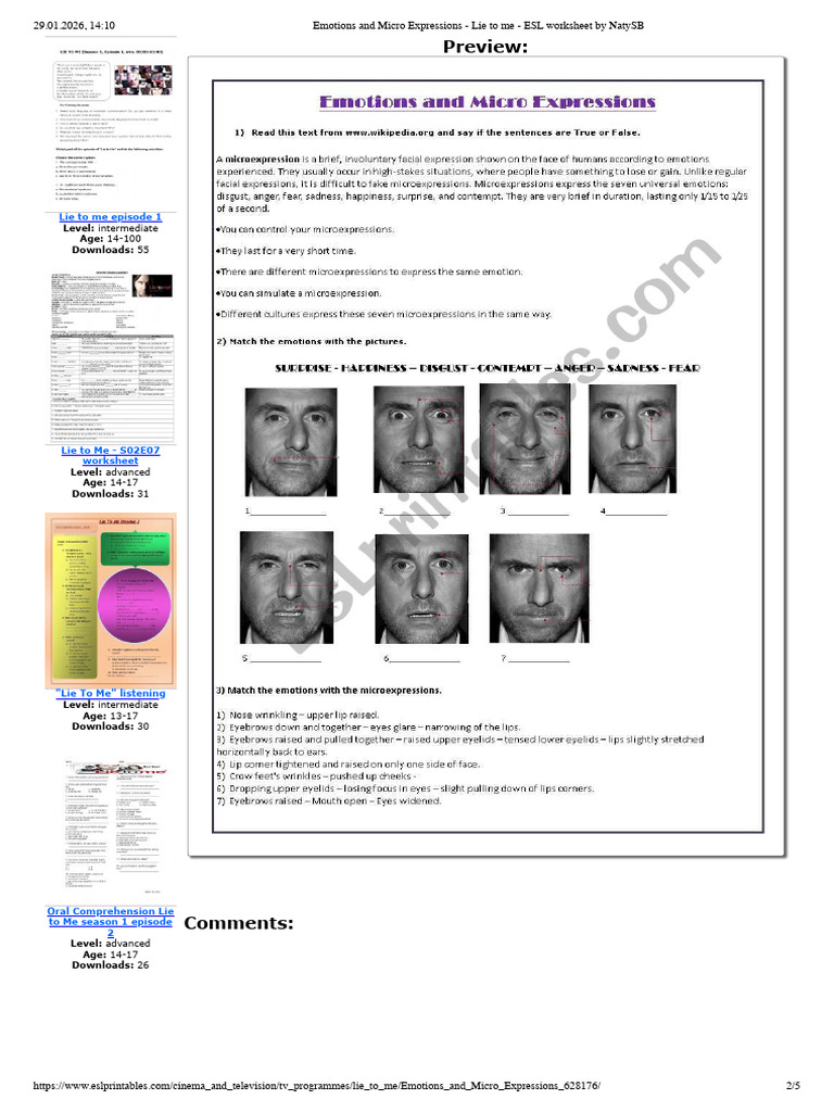 Emotions and Micro Expressions - Lie to Me - ESL Worksheet by NatySB | PDF