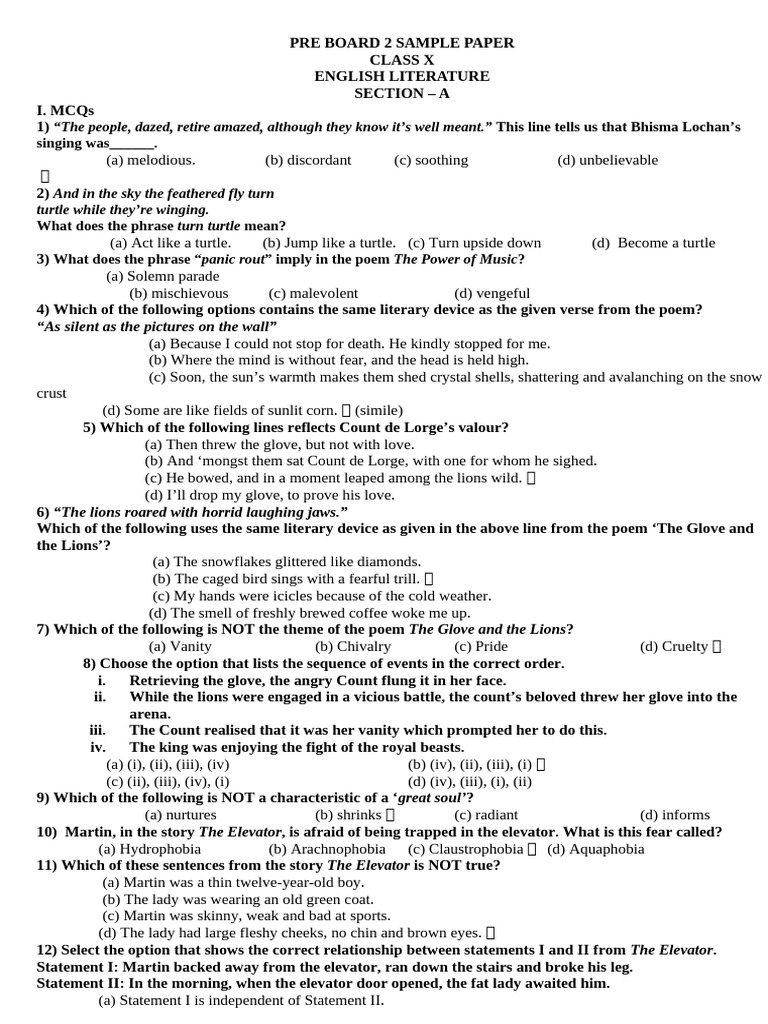 English Literature Pre Board 2 Sample Paper | PDF | Mark Antony | Julius Caesar