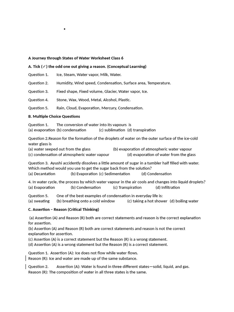 A Journey Through States of Water Worksheet Class 6 | PDF | Water Vapor ...