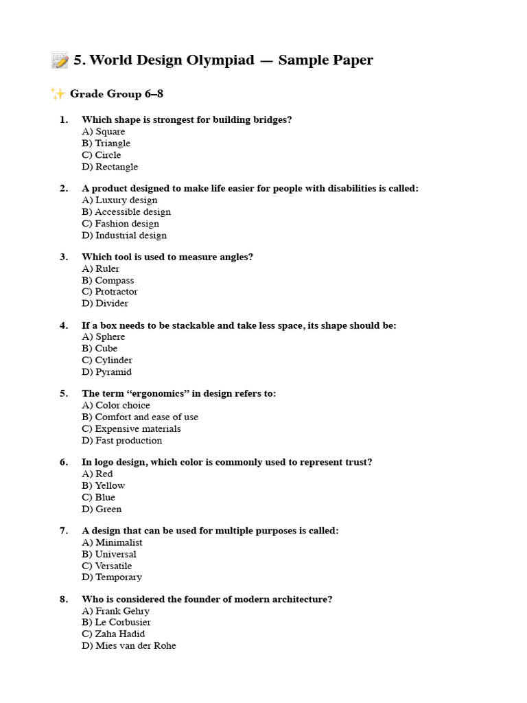 World Design Olympiad - Sample Paper | PDF | Computer Aided Design ...