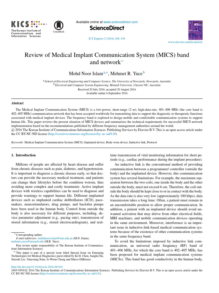 Review of Medical Implant Communication System (MICS) Band and Network ...