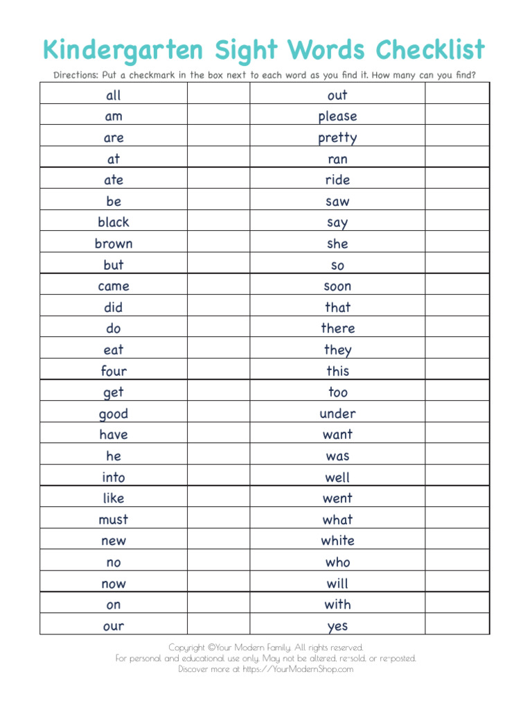 Kindergarten Sight Words Checklist For Yourmodernfamily Readers | PDF